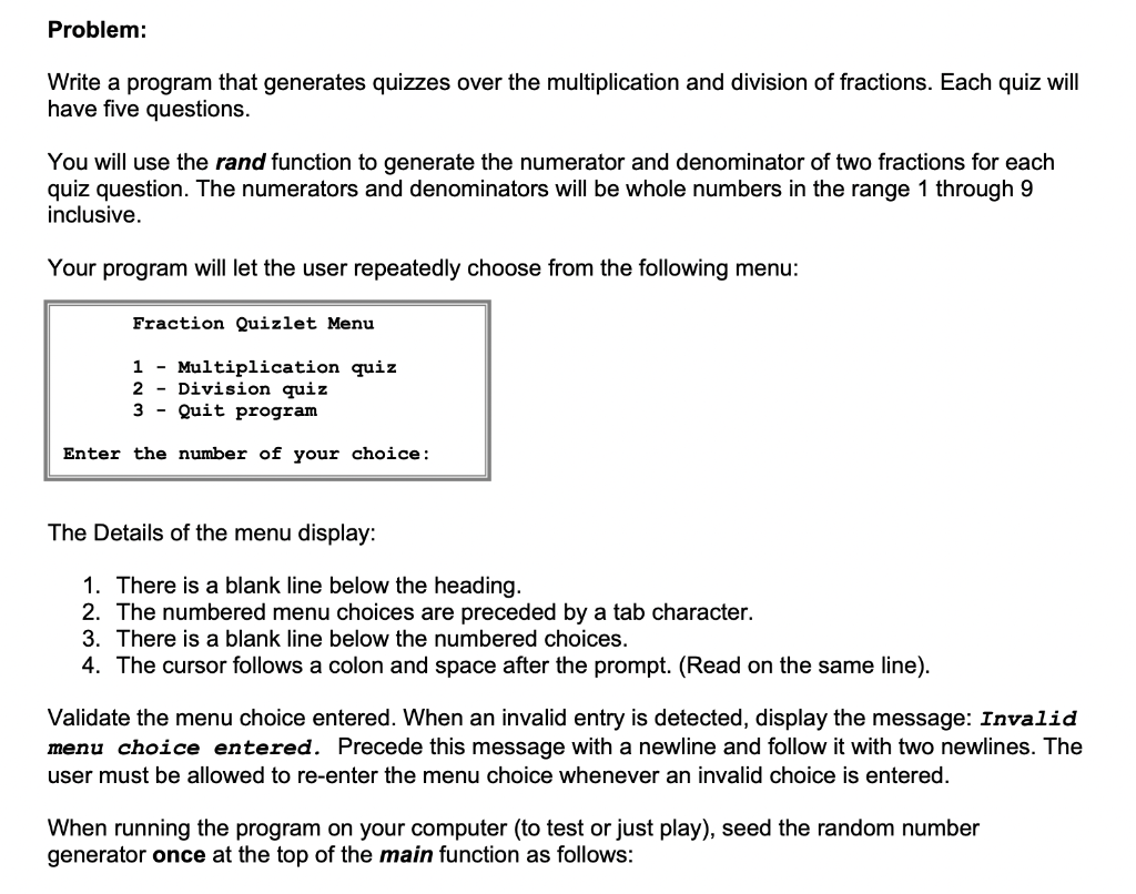 Solved Problem: Write a program that generates quizzes over | Chegg.com