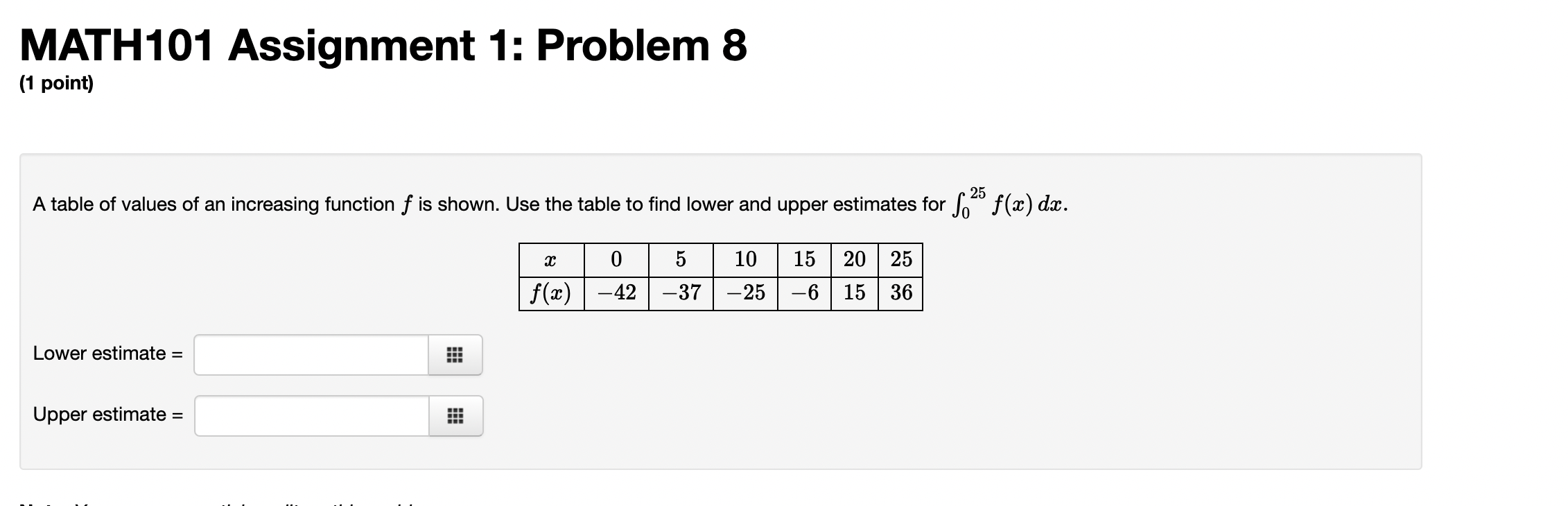 Solved MATH101 Assignment 1: Problem 8 A table of values of | Chegg.com