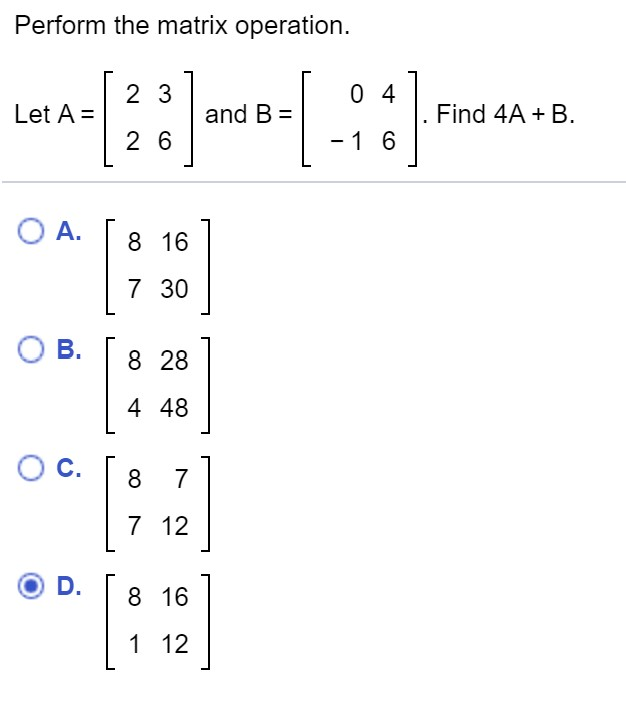 Solved Perform the matrix operation. 2 3 04. Let A = and B= | Chegg.com