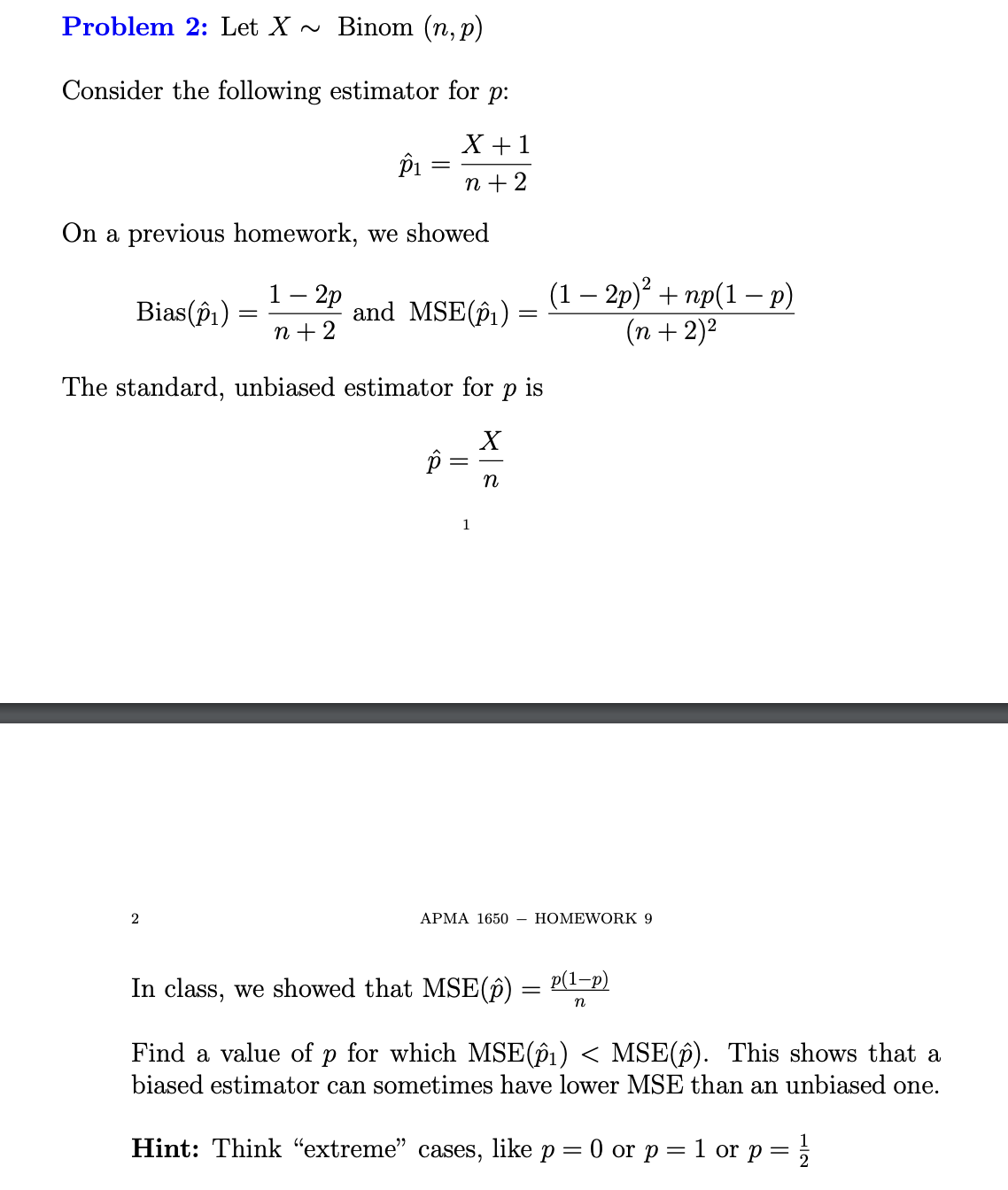 Solved Problem 2: Let x∼Binom(n,p)Consider the following | Chegg.com