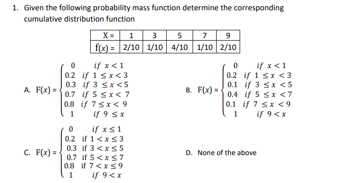 Solved 1. Given the following probability mass function | Chegg.com