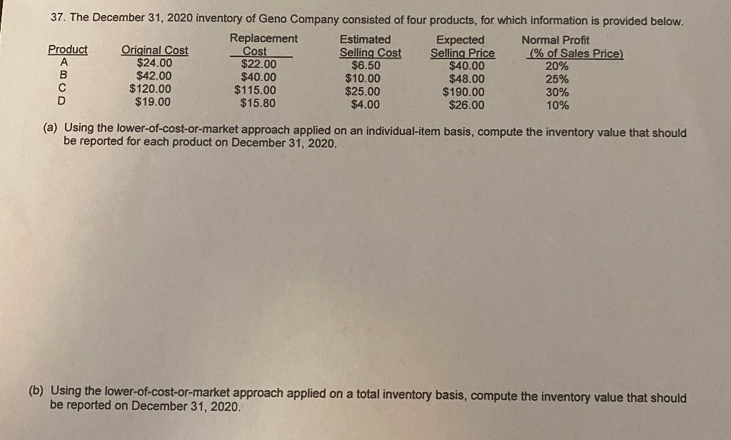 Solved 37. The December 31, 2020 inventory of Geno Company | Chegg.com