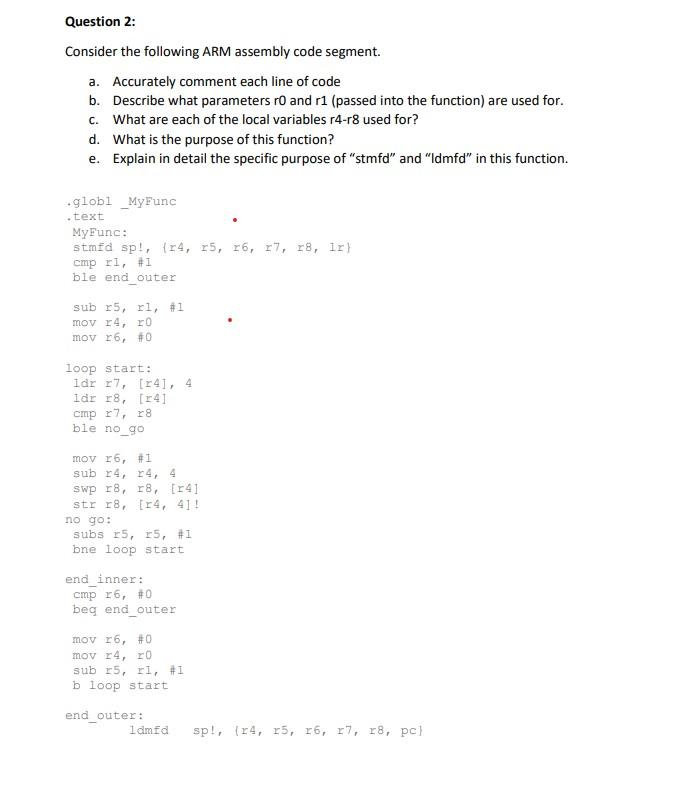Question 2: Consider the following ARM assembly code | Chegg.com