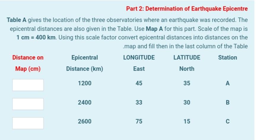 Solved Part 1: Determination of Earthquake Epicentre and | Chegg.com