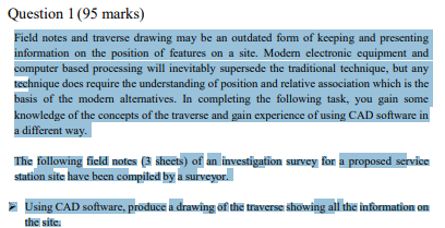 Question 1 (95 marks) Field notes and traverse | Chegg.com