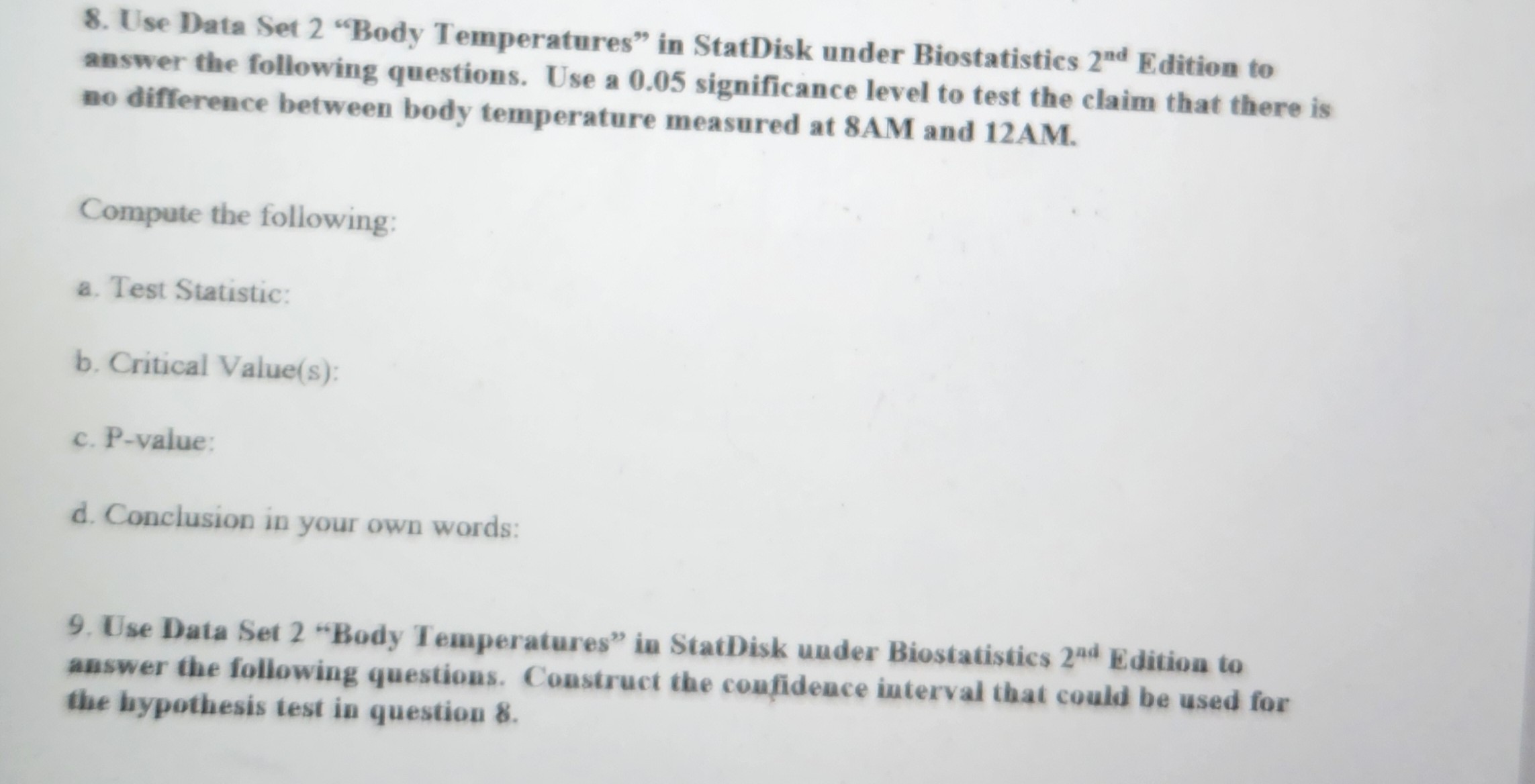 8. Use Data Set 2 "Body Temperatures" in StatDisk | Chegg.com