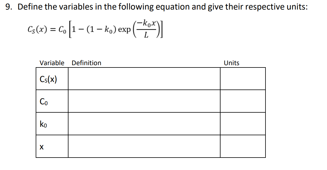 Solved CS(x)=C0[1−(1−k0)exp(L−k0x)]\begin{tabular}{|l|l|l|} | Chegg.com