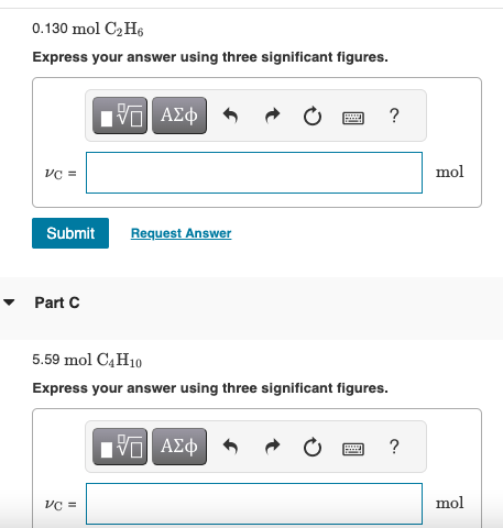 Solved 0.130 molC2H6 Express your answer using three | Chegg.com