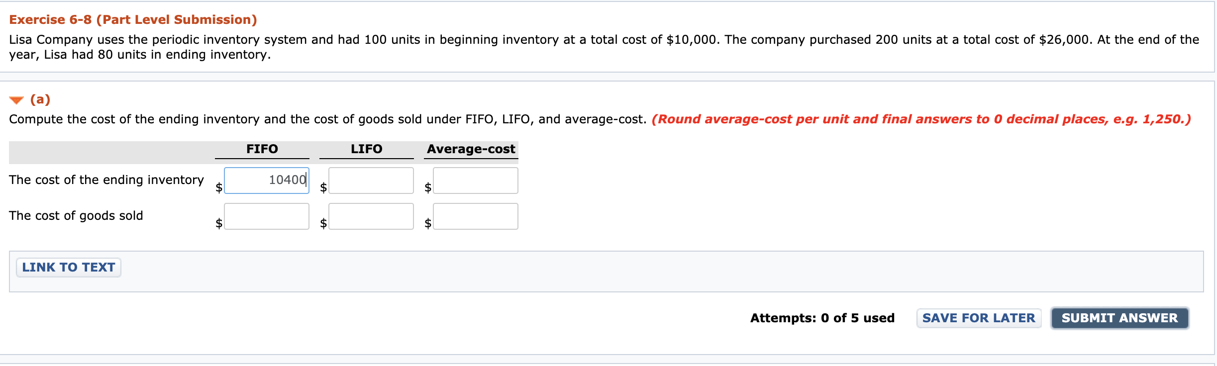 Solved Exercise 6-8 (Part Level Submission) Lisa Company | Chegg.com