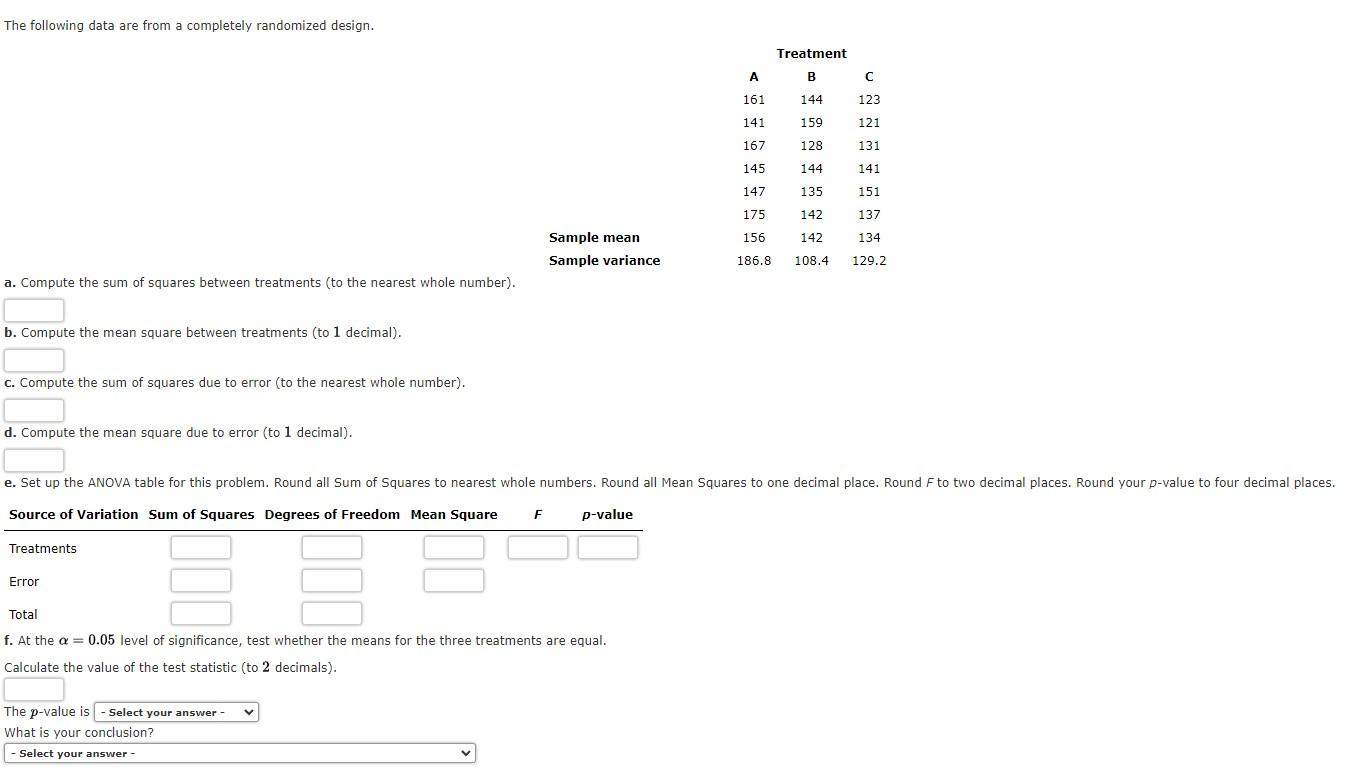 Solved The following data are from a completely randomized | Chegg.com
