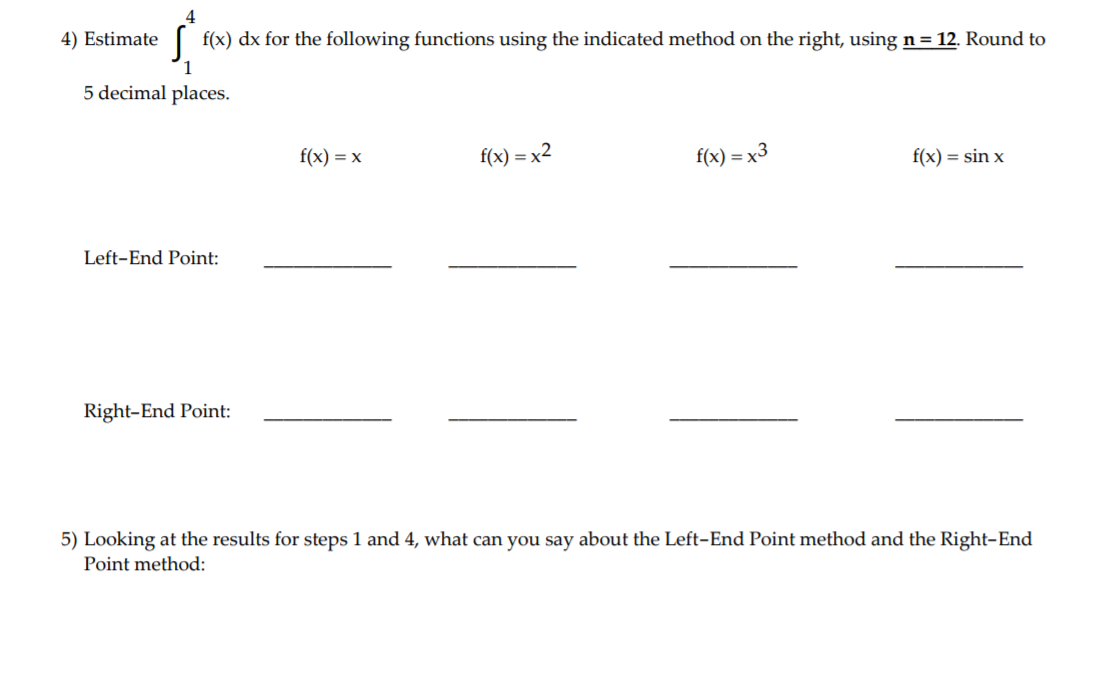 Solved 4) Estimate f(x) dx for the following functions using | Chegg.com