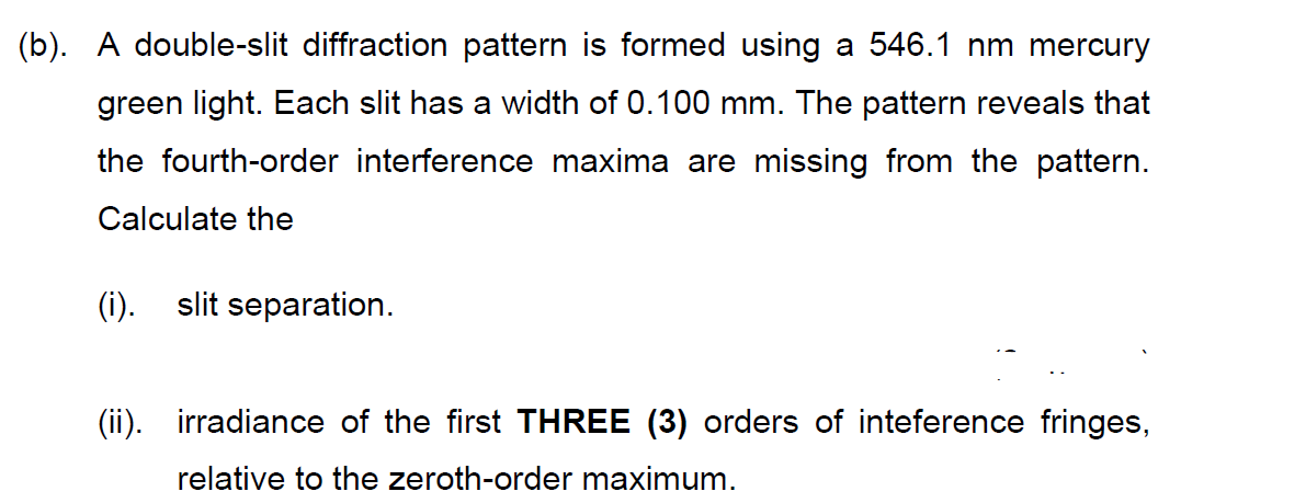 Solved (b). A double-slit diffraction pattern is formed | Chegg.com