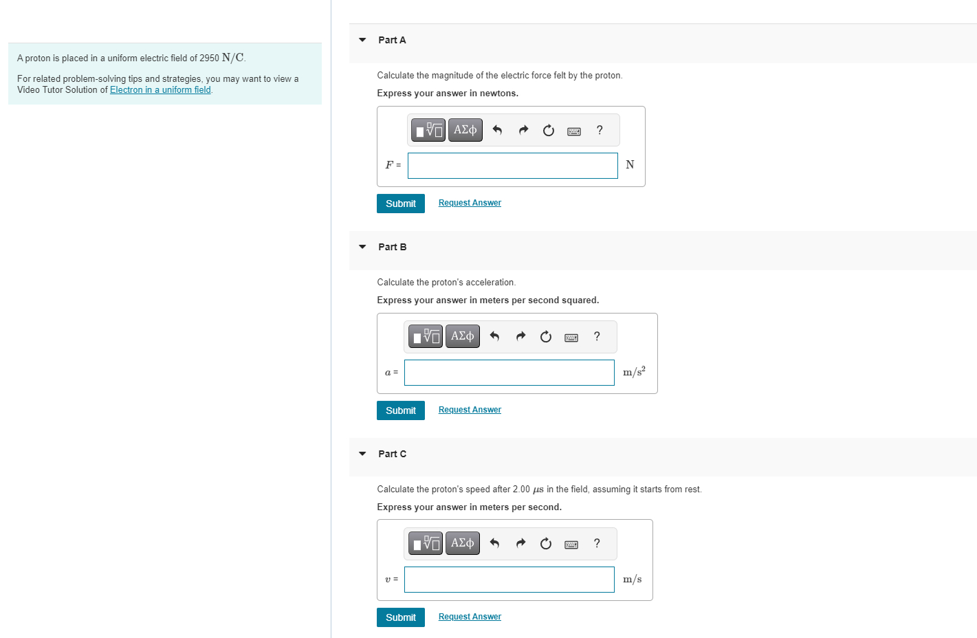Solved A proton is placed in a uniform electric field of | Chegg.com