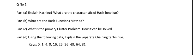 Solved Q No 2. Part (a) Explain Hashing? What are the | Chegg.com