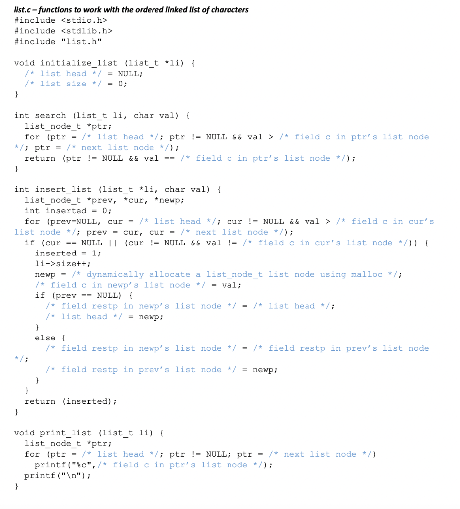 Solved list.c-functions to work with the ordered linked list | Chegg.com