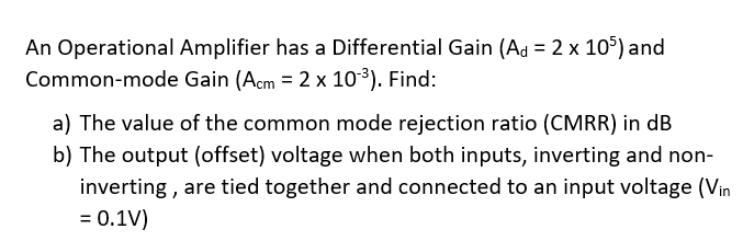 Solved An Operational Amplifier has a Differential Gain | Chegg.com