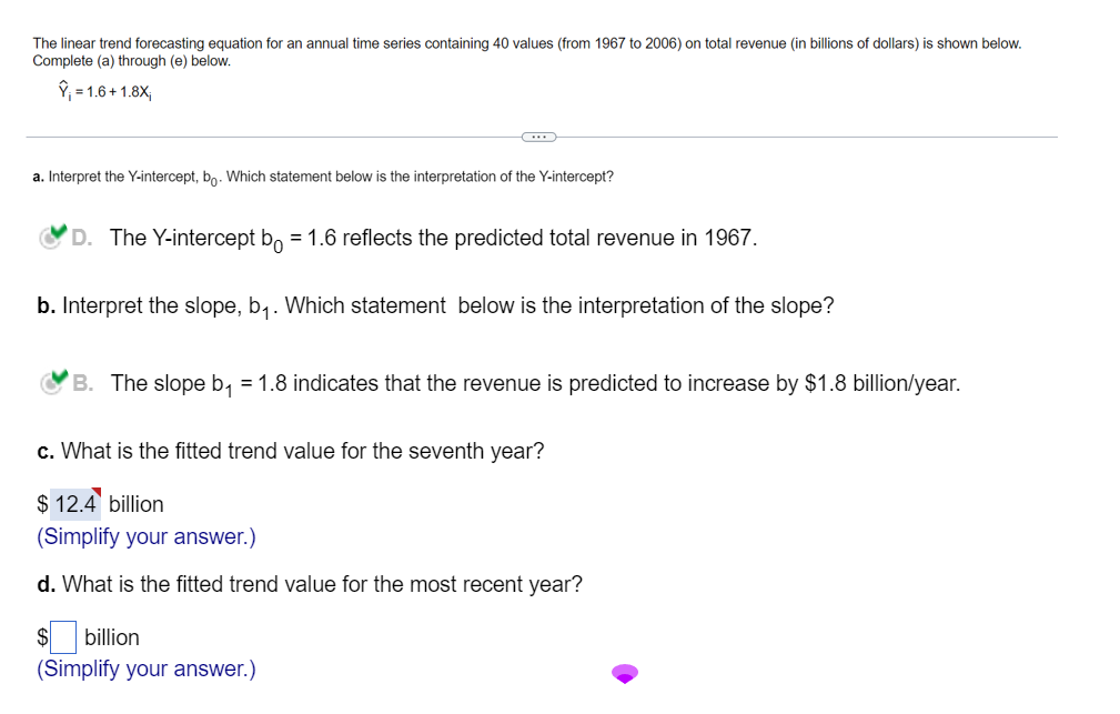 Solved The linear trend forecasting equation for an annual | Chegg.com