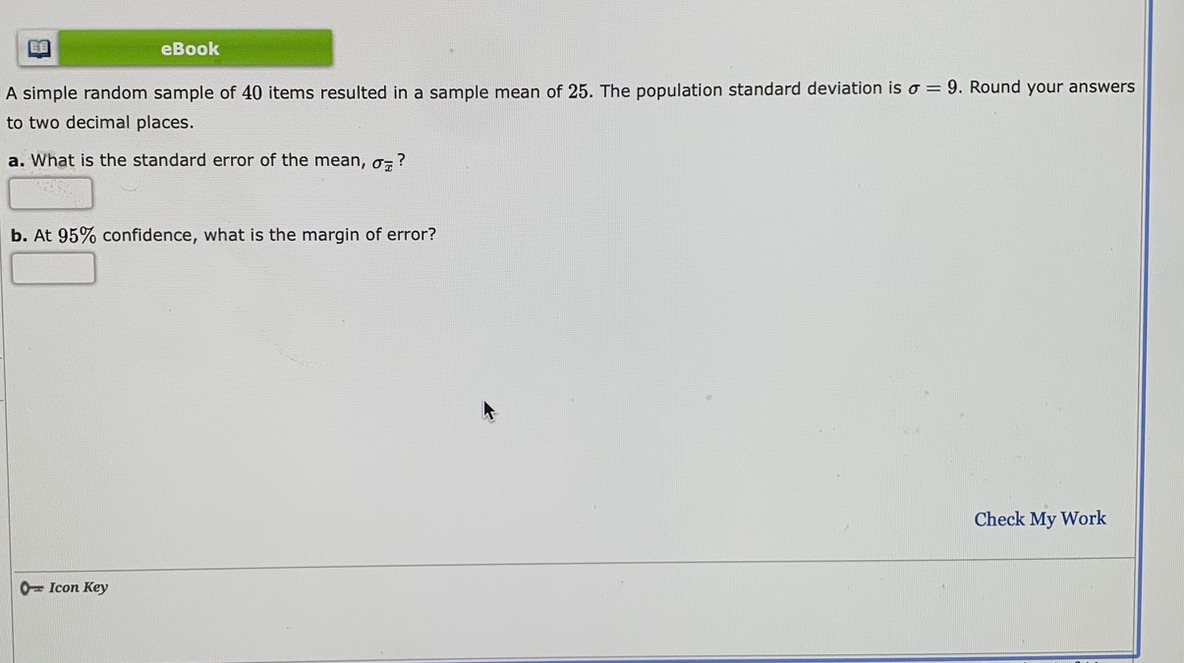 Solved eBook A simple random sample of 40 items resulted in | Chegg.com