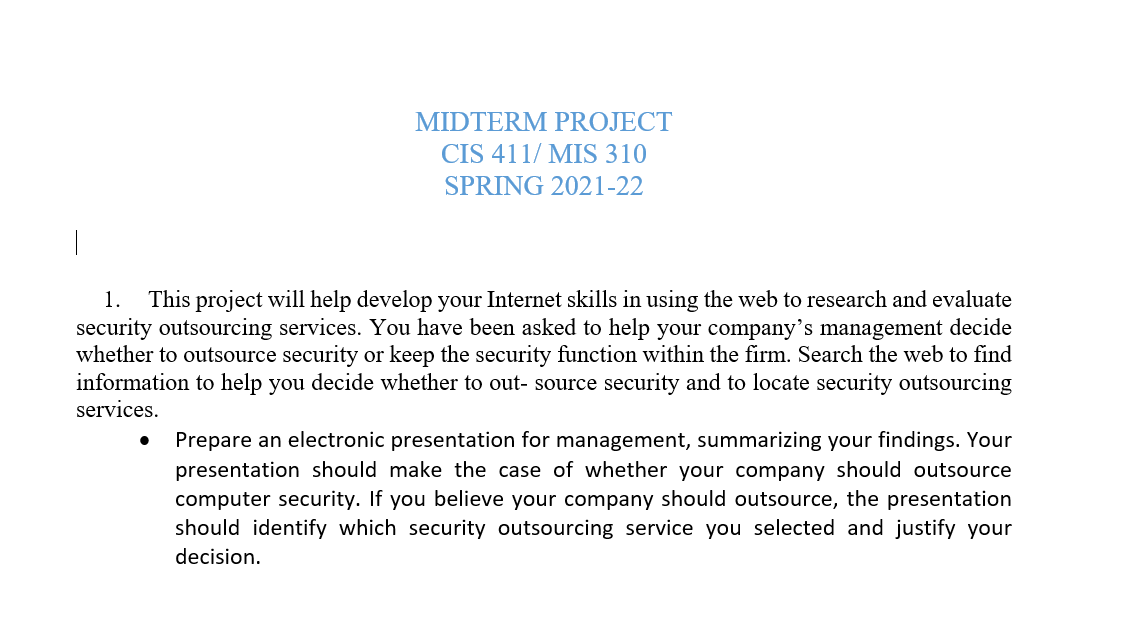 MIDTERM PROJECT CIS 411/MIS 310 SPRING 2021-22 1. | Chegg.com