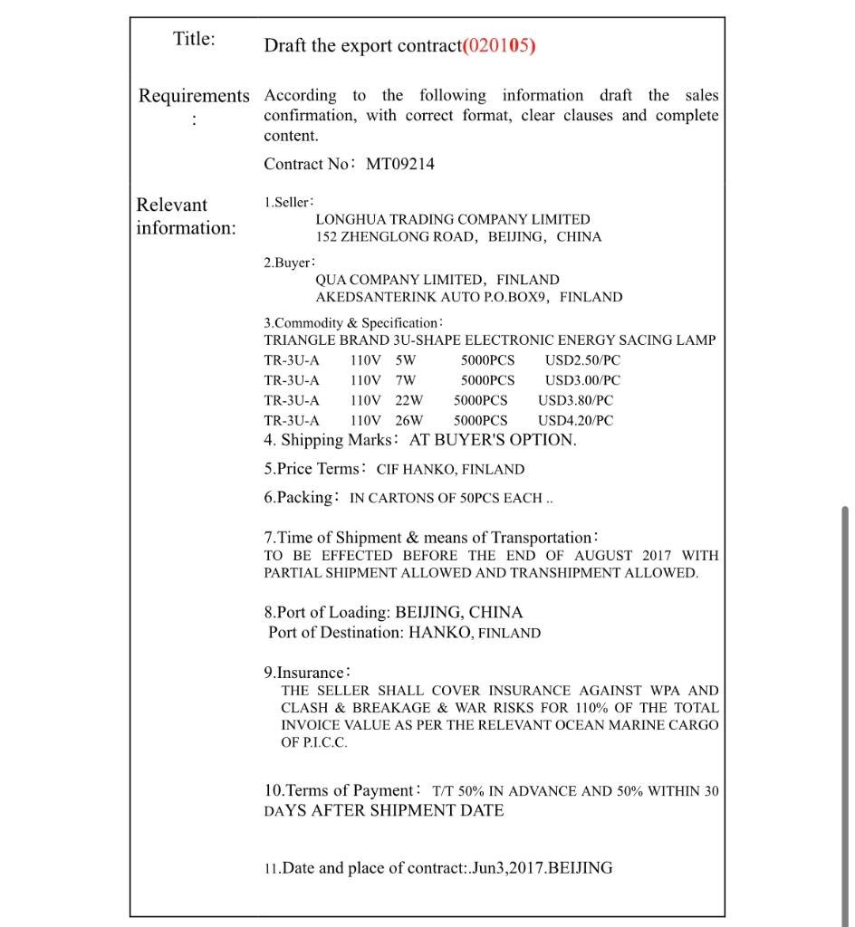 Solved Draft the export contract (020105) According to the | Chegg.com