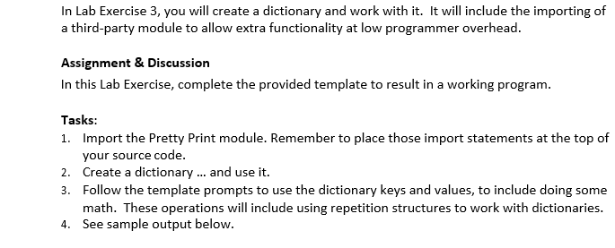 Solved In Lab Exercise 3, you will create a dictionary and | Chegg.com