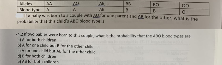 Solved Alleles AA AQ ABBB BO Oo Blood type A A AB B B If a | Chegg.com
