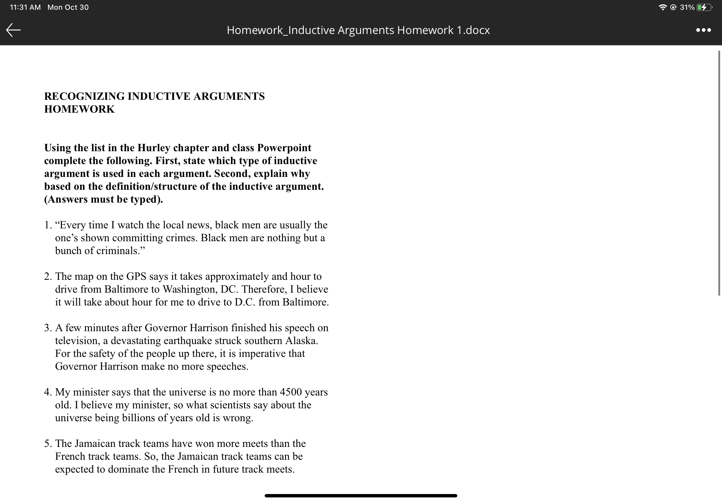 Recognizing Inductive Arguments Homework Using The