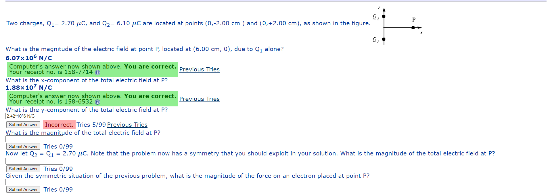 Solved Two charges, Q1=2.70μC, ﻿and Q2=6.10μC ﻿are located | Chegg.com