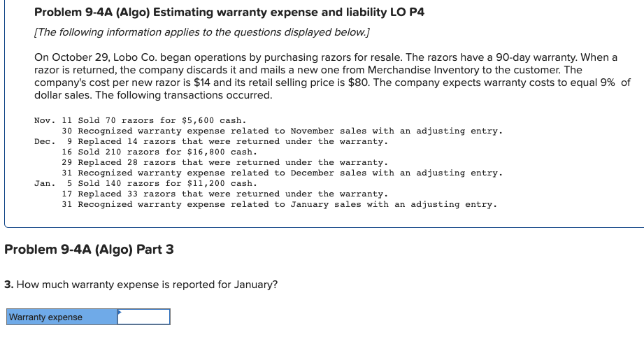 Solved Problem 9-4A (Algo) Estimating warranty expense and | Chegg.com