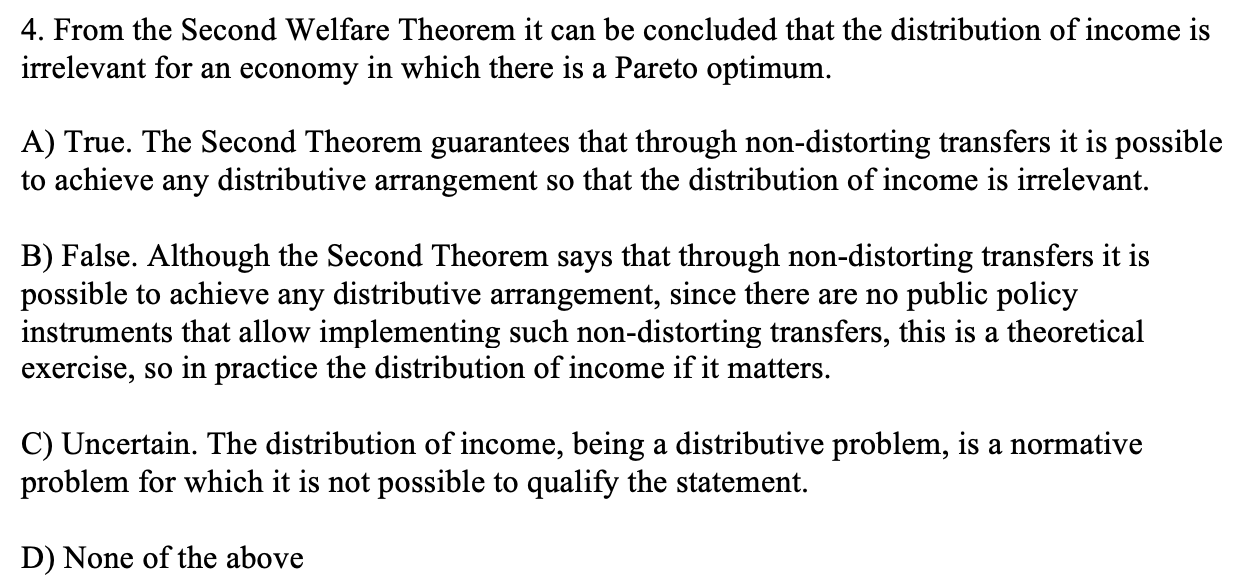 Solved 4. From the Second Welfare Theorem it can be | Chegg.com