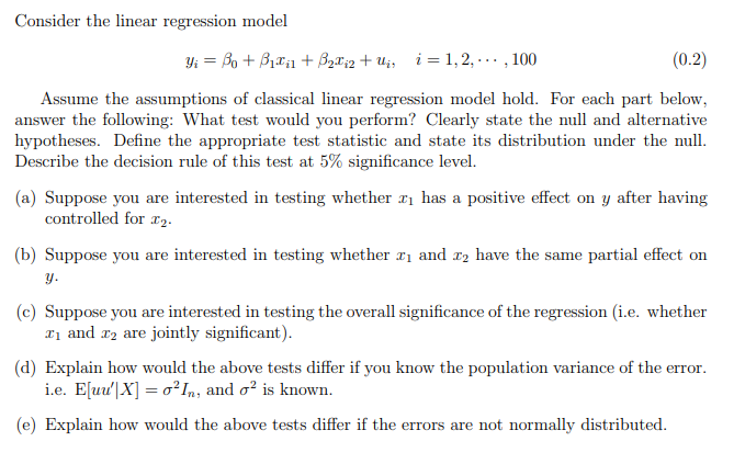 Solved Consider the linear regression model Yi = Bo + B121 + | Chegg.com