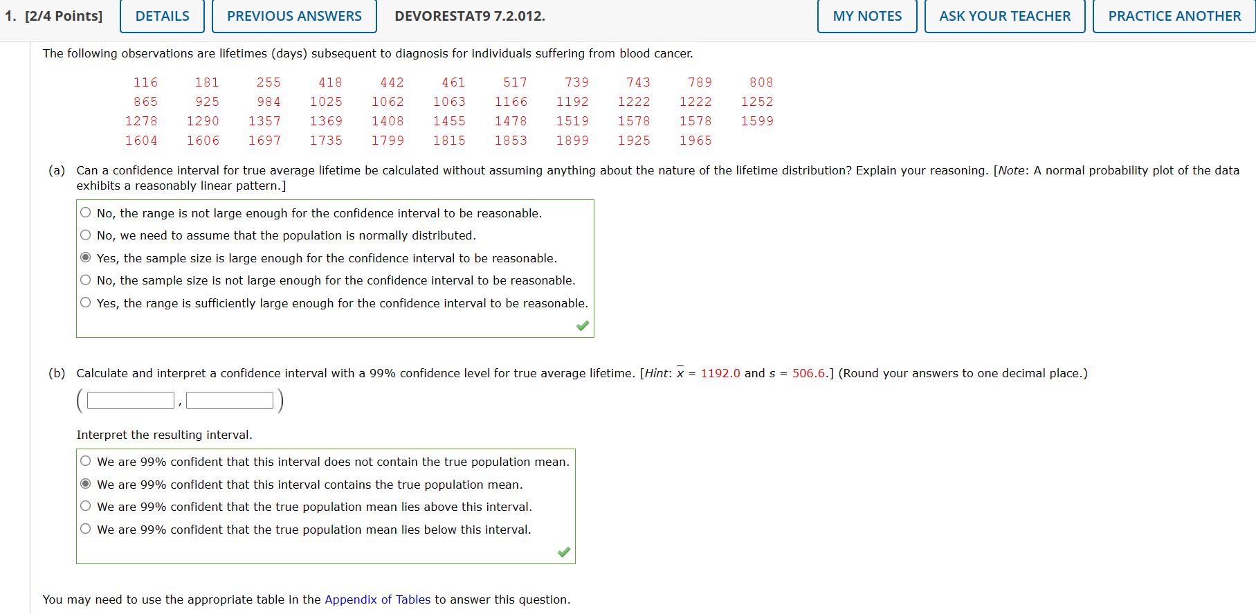 Solved 2/4 Points] DEVORESTAT9 7.2.012. The following | Chegg.com