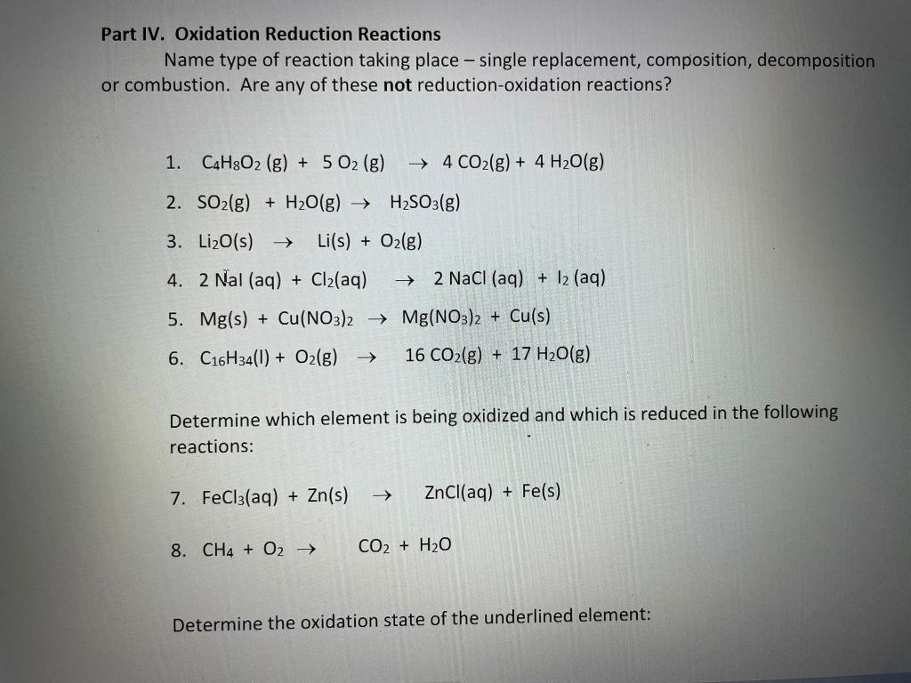 Solved Part IV. Oxidation Reduction Reactions Name type of | Chegg.com