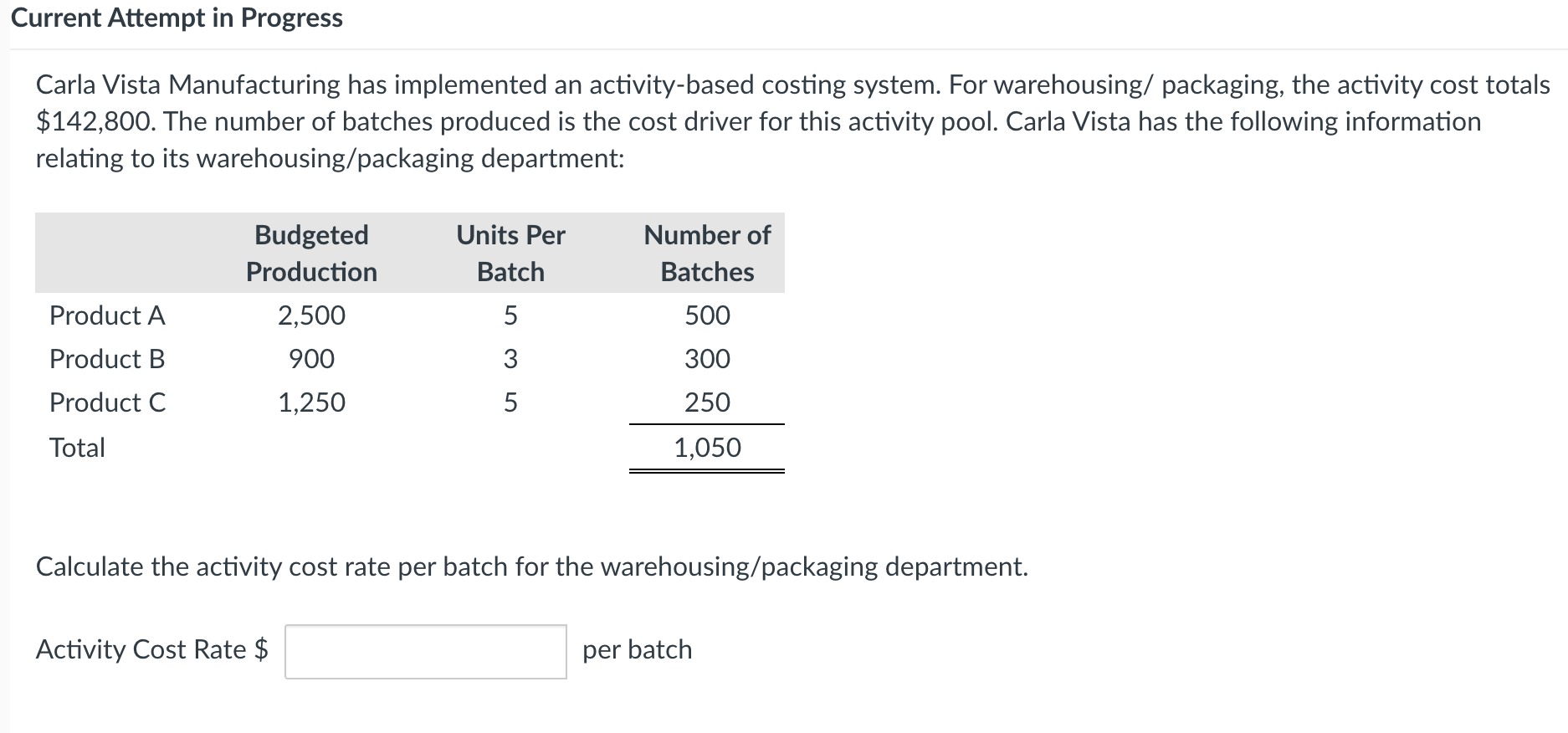 Solved Current Attempt in Progress Carla Vista Manufacturing | Chegg.com
