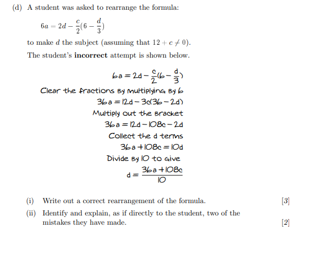Solved (d) A student was asked to rearrange the formula: | Chegg.com