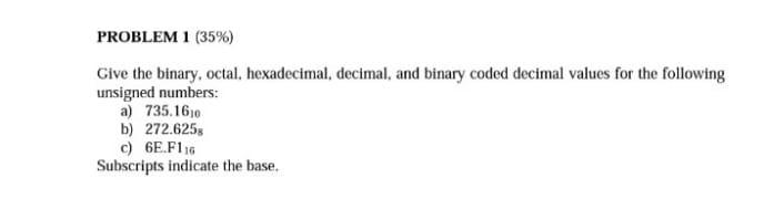 Solved PROBLEM 1 (35%) Give the binary, octal, hexadecimal, | Chegg.com