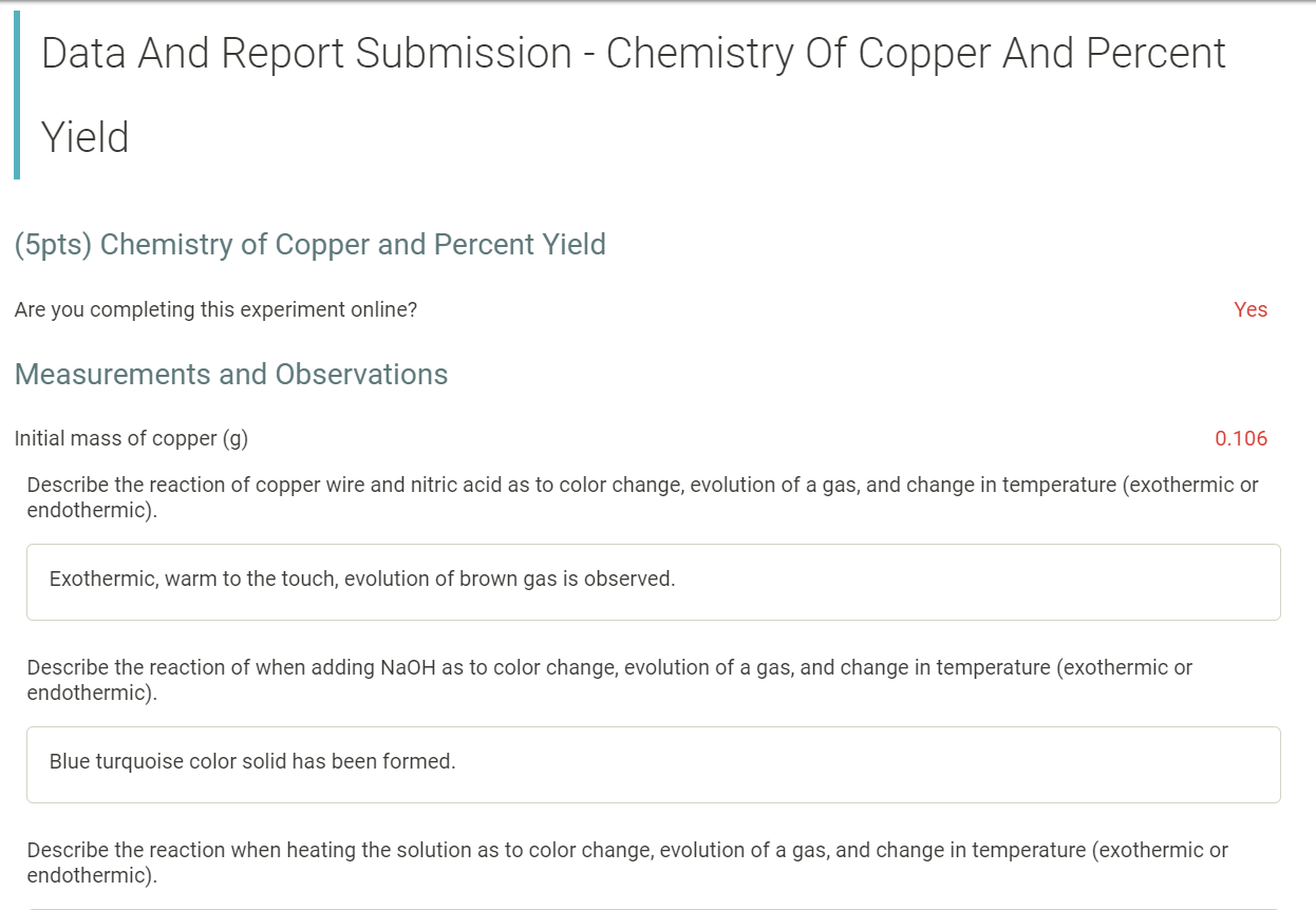 Solved Data And Report Submission - Chemistry Of Copper And | Chegg.com