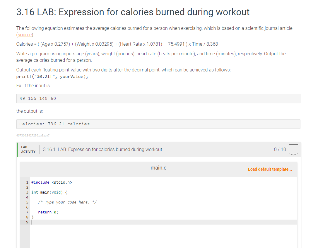 Solved 3.16 LAB: Expression for calories burned during | Chegg.com