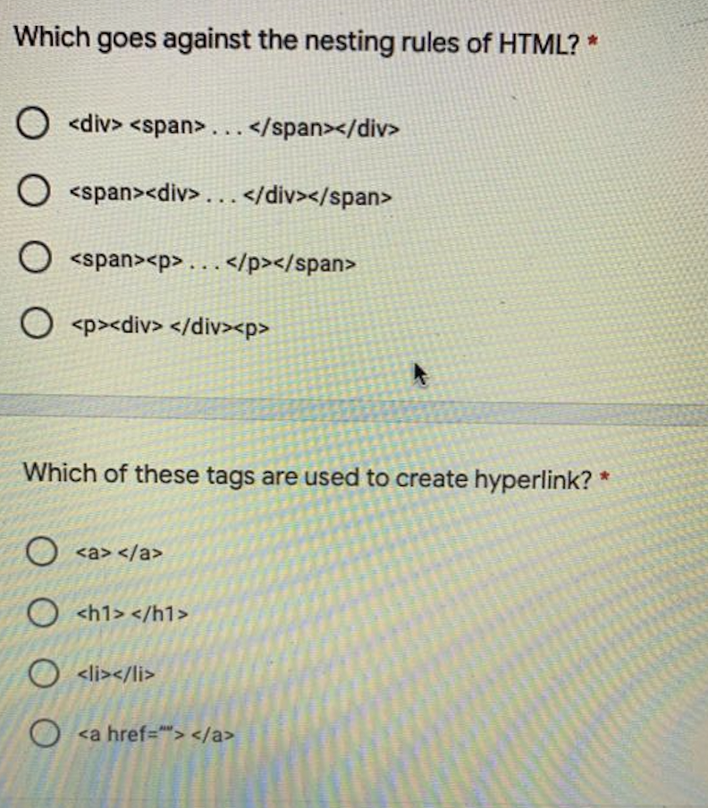 Solved Which goes against the nesting rules of HTML?* O | Chegg.com