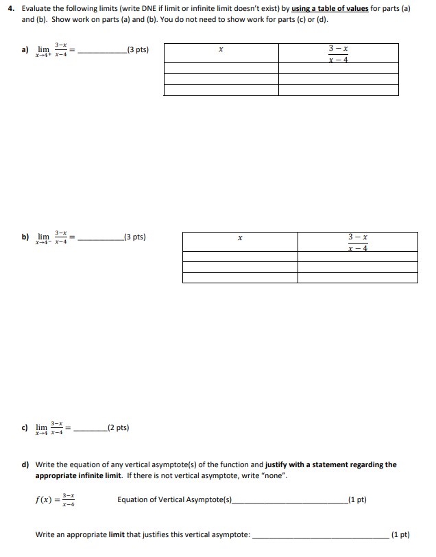 Solved 4. Evaluate the following limits (write DNE if limit | Chegg.com