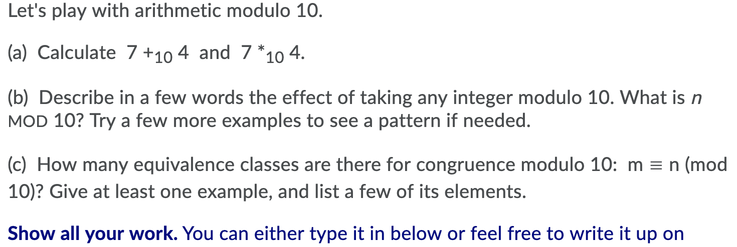 Solved Let's play with arithmetic modulo 10. (a) Calculate 7 | Chegg.com