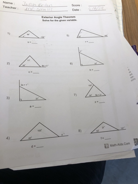 Exterior Angle Theorem Worksheet Solve For The Given Variable