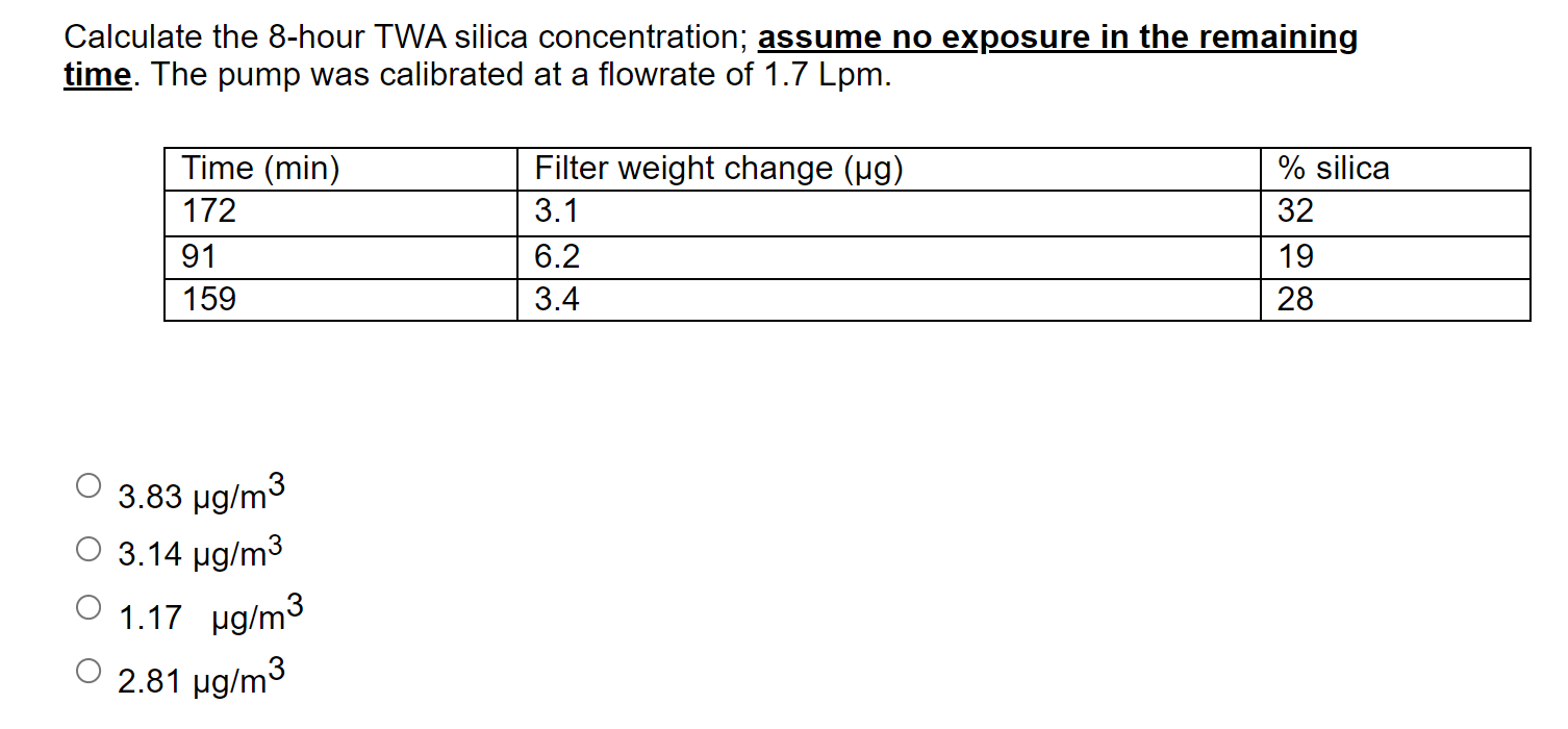 Solved Calculate the 8-hour TWA silica concentration; assume | Chegg.com