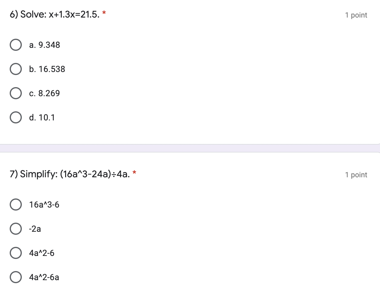 Solved 6) Solve: X+1.3x=21.5. * 1 point O a. 9.348 O b. | Chegg.com
