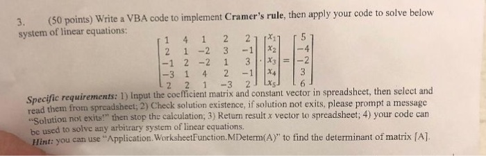 3. (50 points) Write a VBA code to implement Cramer's | Chegg.com
