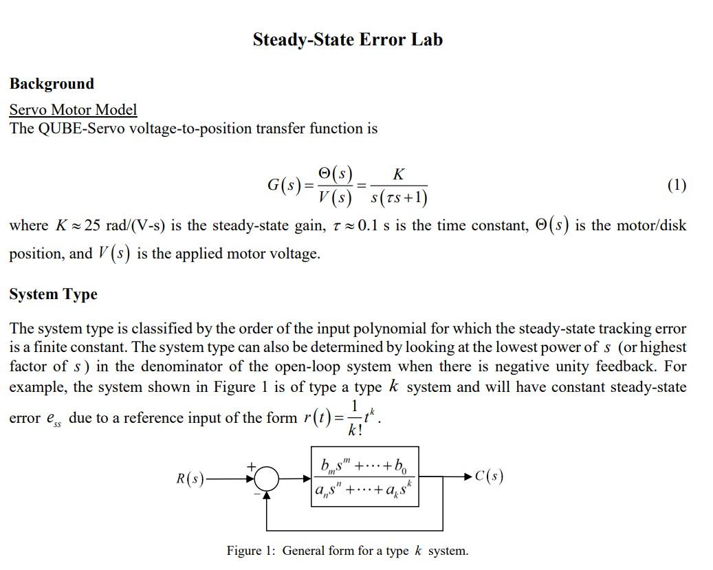 Solved Steady-State Error Lab Background Servo Motor Model | Chegg.com
