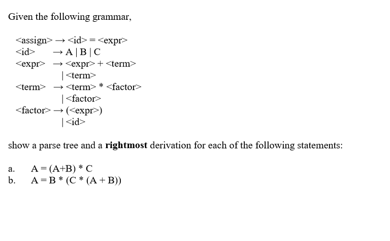 Solved Given the following grammar, = → ABC + * | | Chegg.com