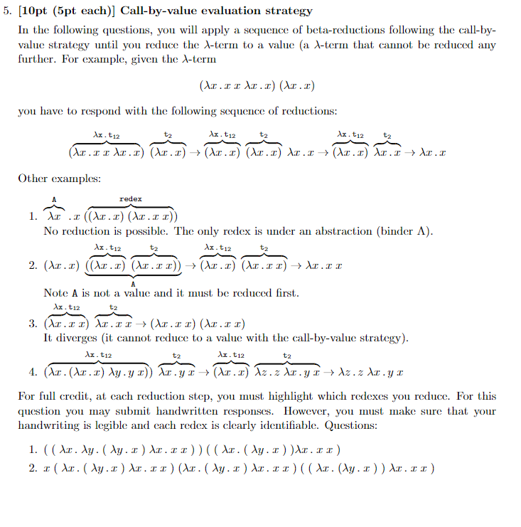 Solved 5. [10pt (5pt each)] Call-by-value evaluation | Chegg.com