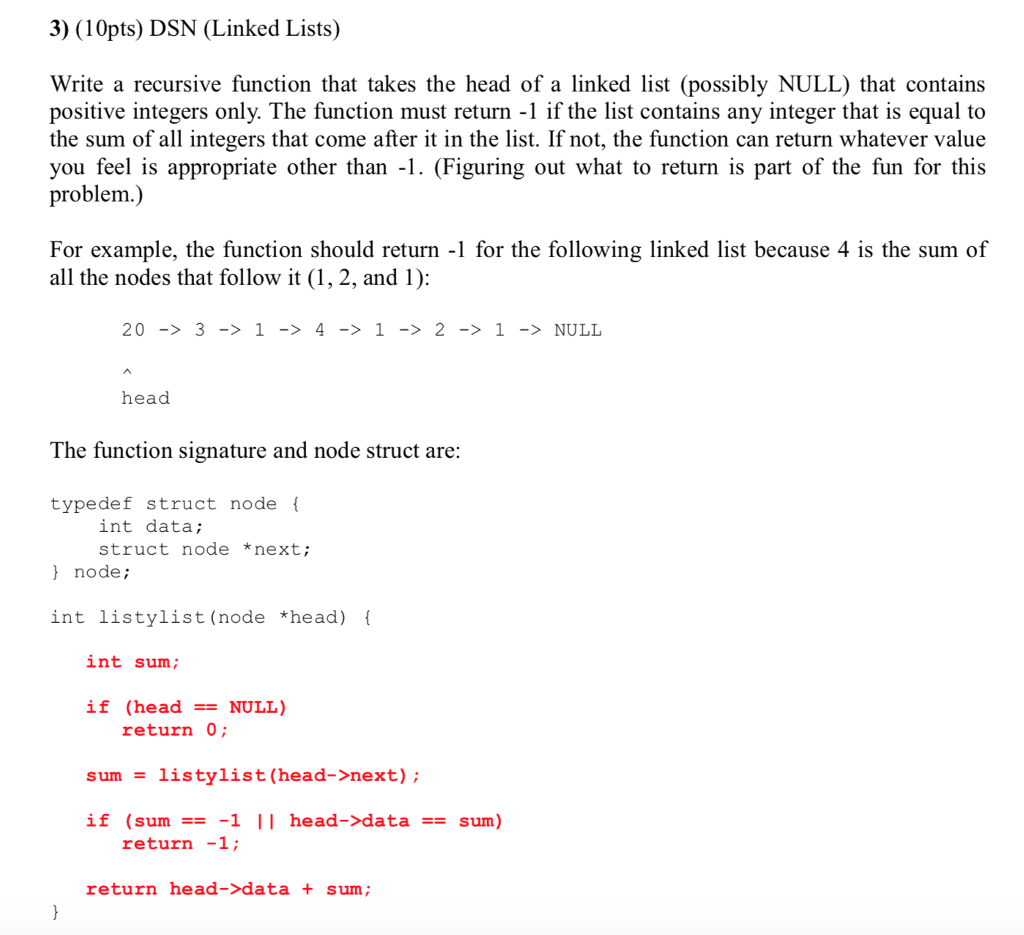 Solved 3) (10pts) DSN (Linked Lists) Write a recursive | Chegg.com