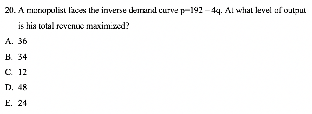 Solved 20. A monopolist faces the inverse demand curve p=192 | Chegg.com
